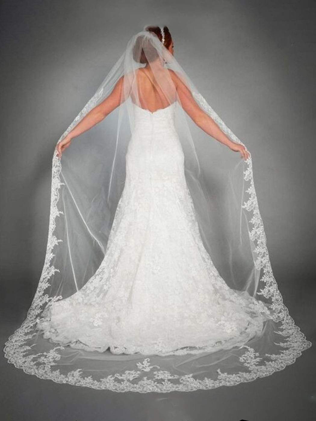 Bmirth 1 Layer Bridal Wedding Veil Cathedral Long Length Lace Bride Tulle Hair Accessories With Comb for women Floral 118" Veil Headpeice (White)
