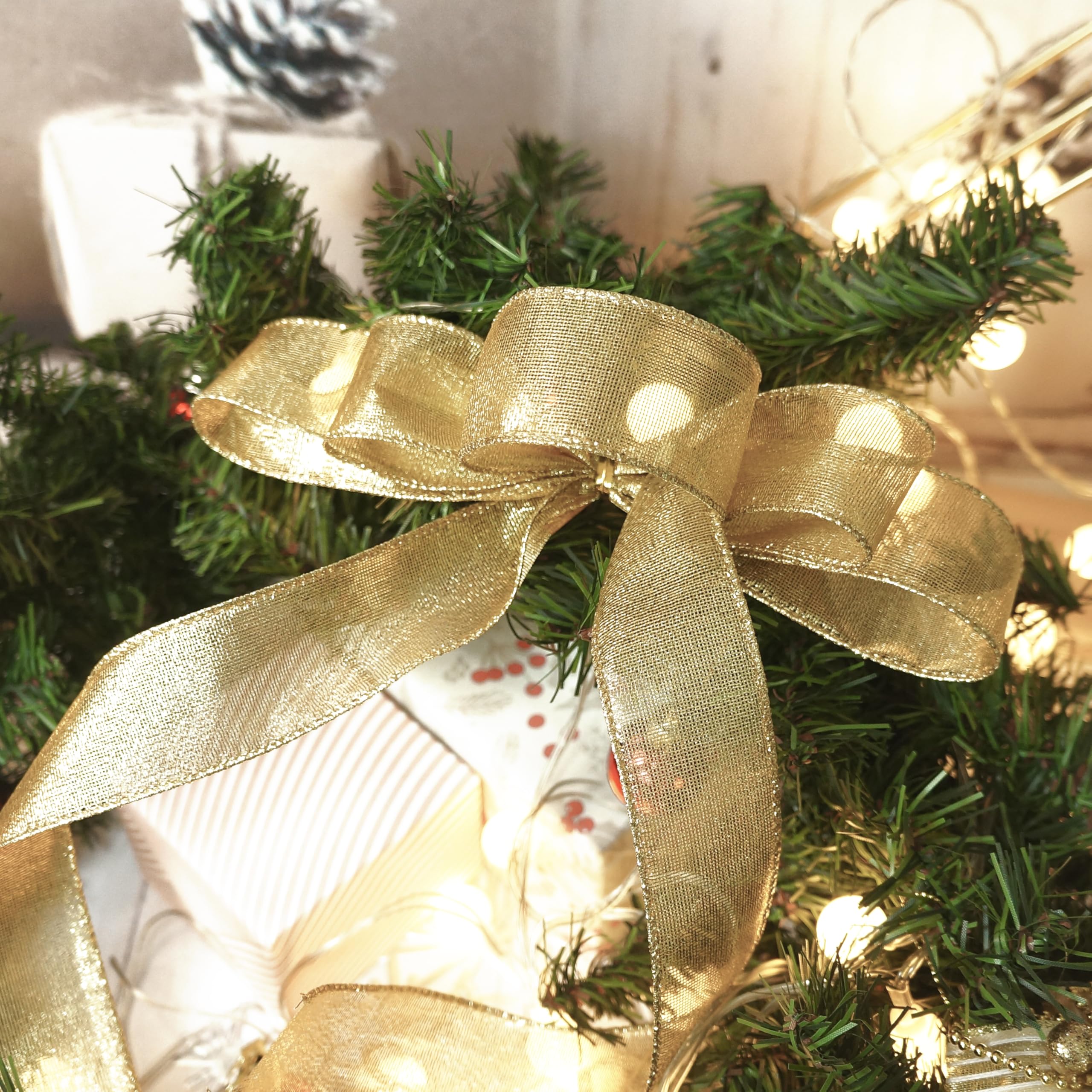 CT CRAFT LLC Gold Metallic Wired Ribbon 1.5 inch x 20 Yards for Christmas Home Decor Tree Topper Bow Gift Wrapping DIY Crafts Wreath Garland Wedding