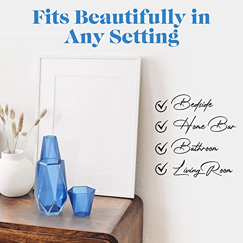 Modern Geometric Bedside Carafe | 2-Piece Set - Bedside Water Carafe | Glass Carafe with Cup that Doubles as Lid | Bedside Water Carafe and Glass Set in Blue (37oz)