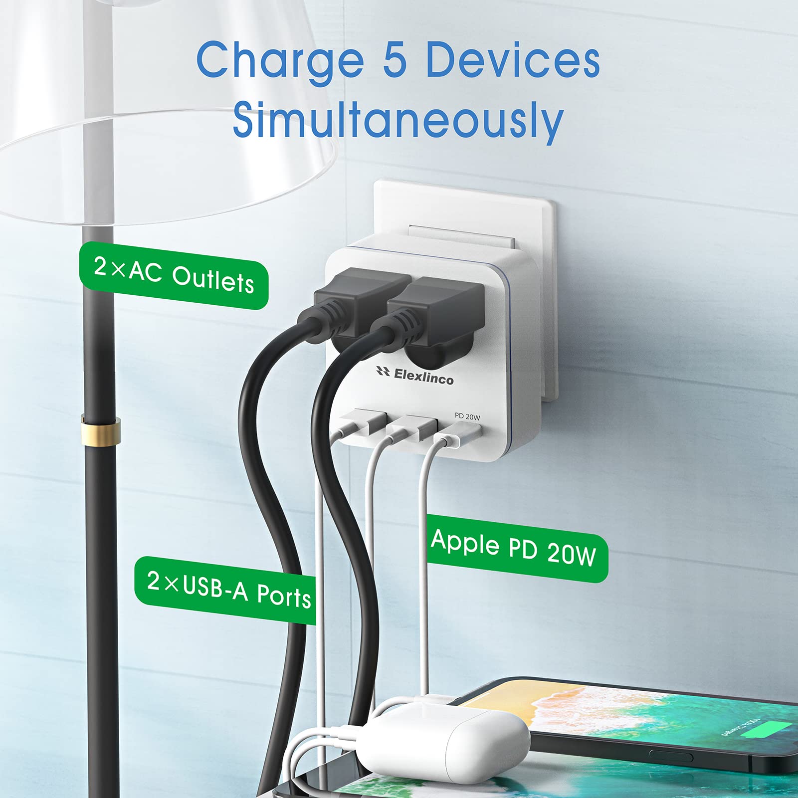 Cruise Power Strip, Elexlinco Surge Protector 5 Outlet Extender with Apple PD 20W, 2 AC Outlets and 2 USB-A Ports Multi Plug Outlets, Ultra Slim Power Strip Surge Protector, Cruise Essentials