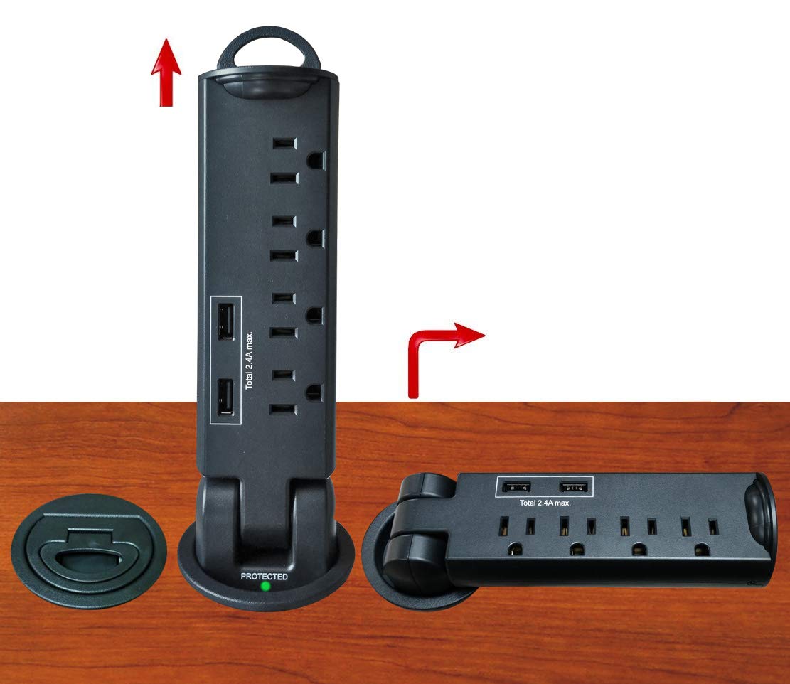 Electriduct Desktop Pull-Up PowerTap Grommet with Surge Protector and USB Charger 2.4 Amp (Black)