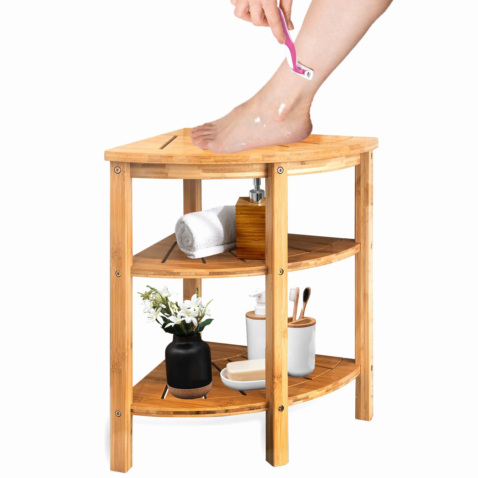 Cosy Kozy Multifunctional 3 Tier Bamboo Waterproof Corner Shower Bench with Storage Shelf - Corner Shower Stool for Inside Shower for Shaving Legs