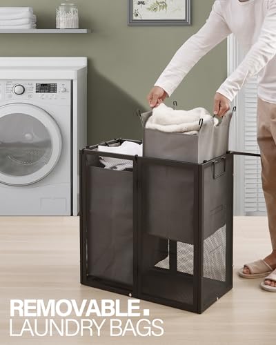 Crkmire Heavy Duty Metal Wire Laundry Hamper Lid, 29Gal (110L) 2 Section Divided Laundry Basket Double Clothes Hamper Bin for Laundry Room, Bedroom, Dorm & Kids