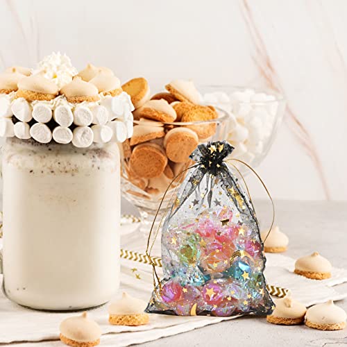 FUSHENMU 100pcs 4x6 Inch Black Organza Jewelry Gift Bag,Moon Star Drawstring Candy Bag Pouch for Wedding Baby Shower Party Gift Wrapping Supply