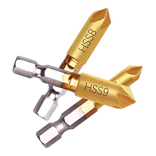 Countersink Drill Bit Set 3 Pcs 1/4'' Hex Shank High Carbon Steel 5 Flute Countersink 90 Degree Center Punch Tool Sets for Wood Quick Change Bits 6mm 8mm 9mm