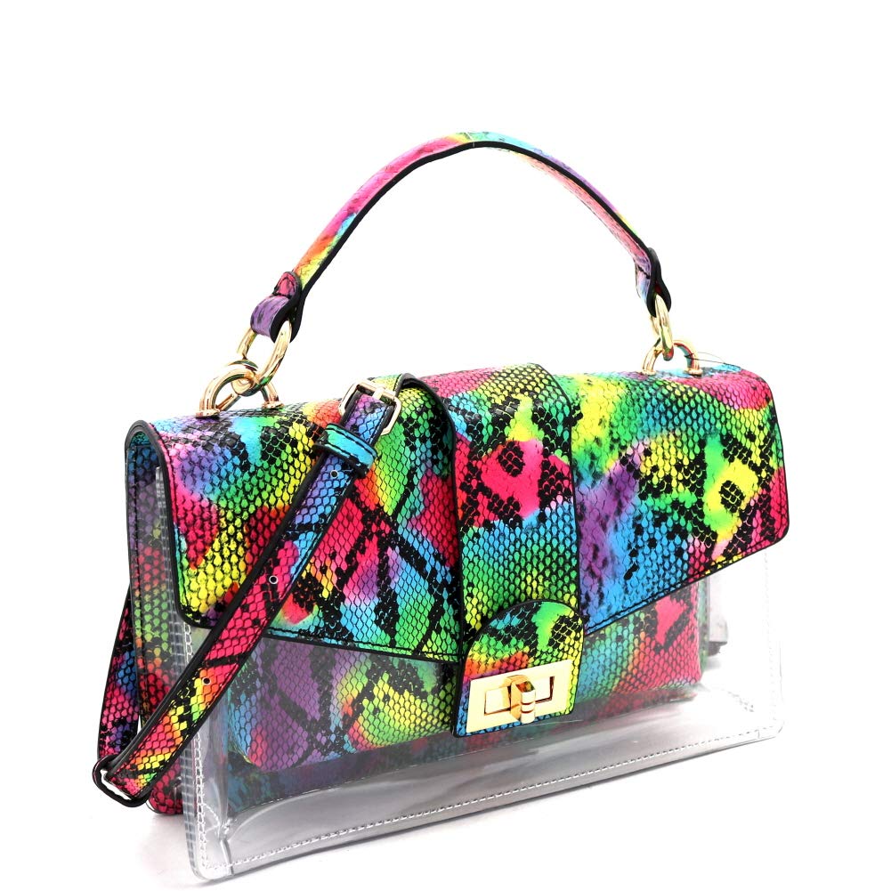 Multicolor Snake Print Pouch Clear Chain 2 Way Shoulder Bag Crossbody Stadium (1Medium Top-Handle Clear Satchel - Red Multi)