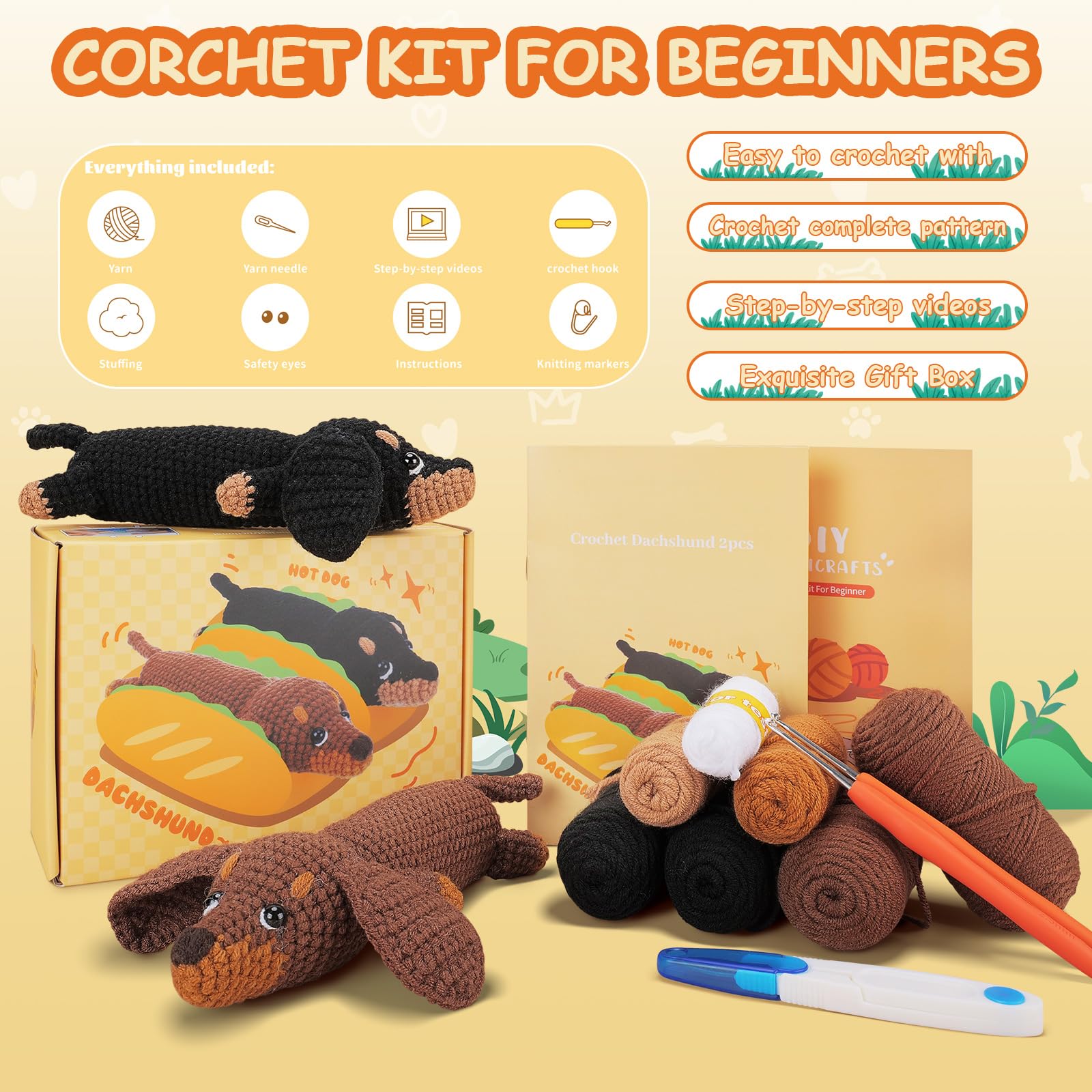 Crochet Kit for Beginners - 2 PCS Dachshund Crochet Kit with Step-by-Step Video Tutorials, Beginner Crochet Kit for Adults, Crochet Animal Kit for Kids, Dog Crocheting Set (Brown & Black)