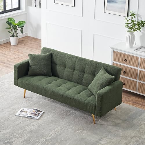 Eafurn Teddy Fleece Upholstered Folding Futon Sofa Bed Convertible Sleeper Couch with 3 Adjustable Backrest, Recliner Loveseat Lounge Sofabed Daybed with Golden Metal Legs for Living Room Office