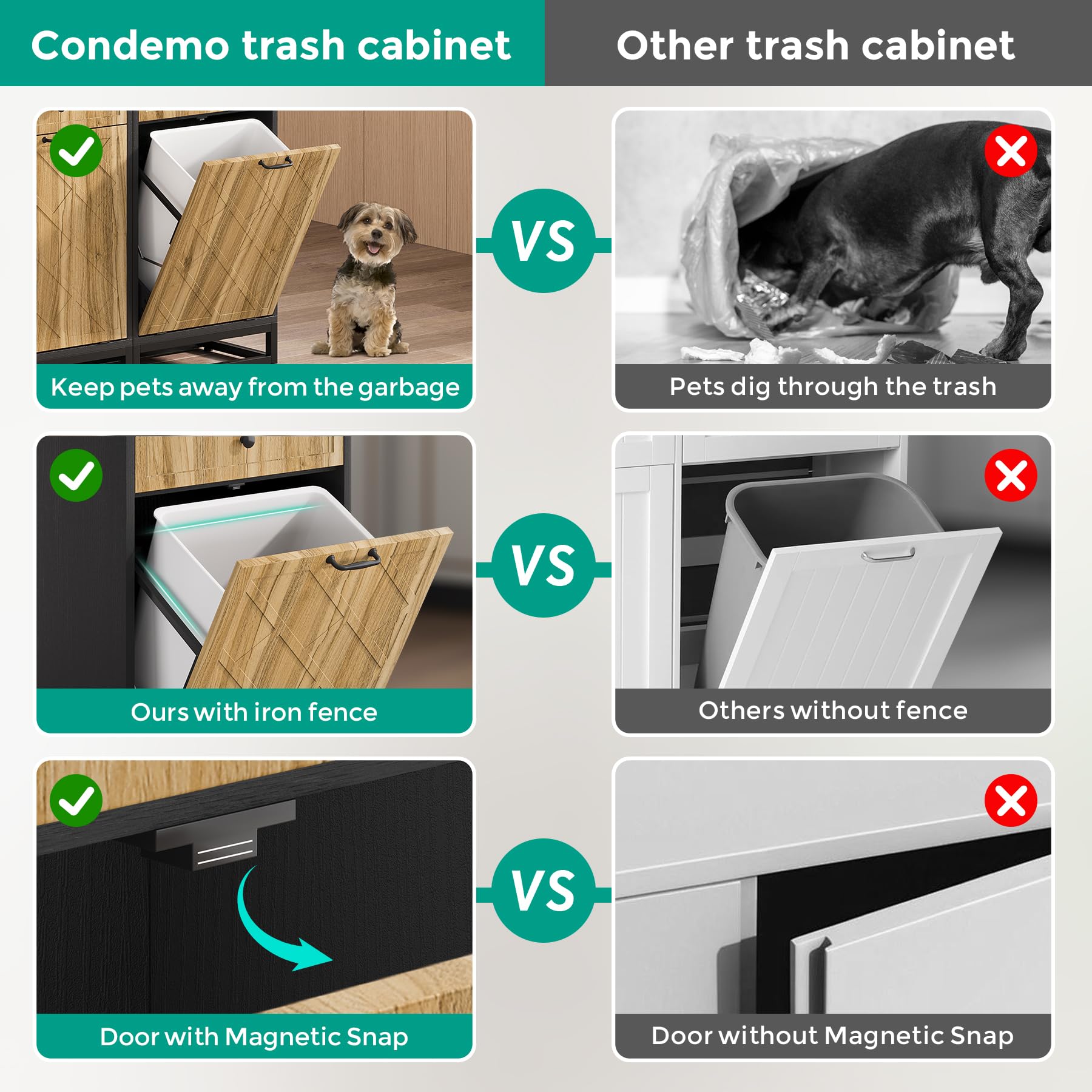 Condemo Tilt Out Trash Can Cabinet, 10 Gallon Trash Bin Cabinet with Drawer, Modern Recycling Storage Cabinet for Kitchen, Dining Room, Laundry, Brown and Black (No Trash Can)