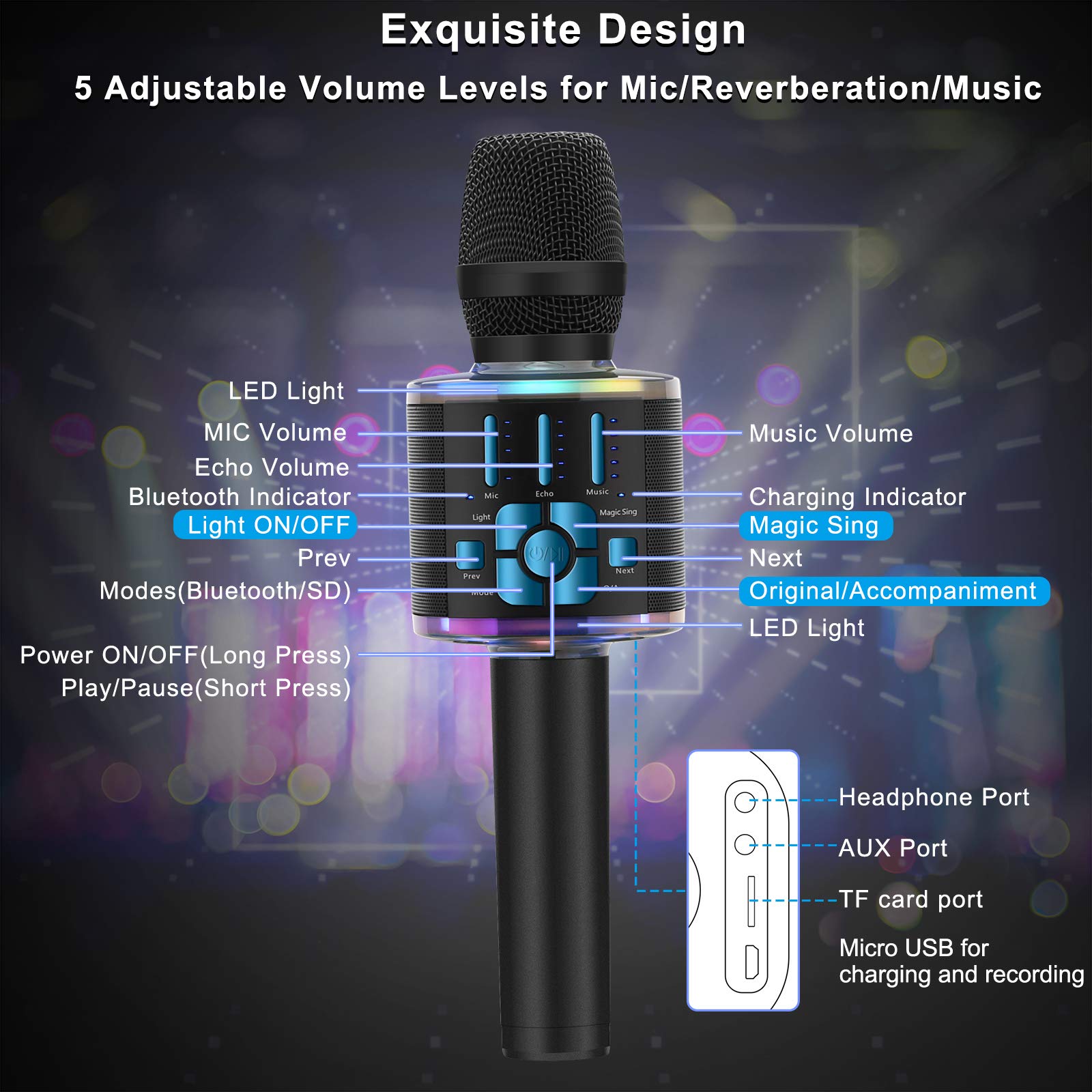 BONAOK Wireless Bluetooth Karaoke Microphone with Magic Voice, Portable Handheld Mic and Speaker Machine for Home Party Birthday PC/All Smartphones D30(Blue)