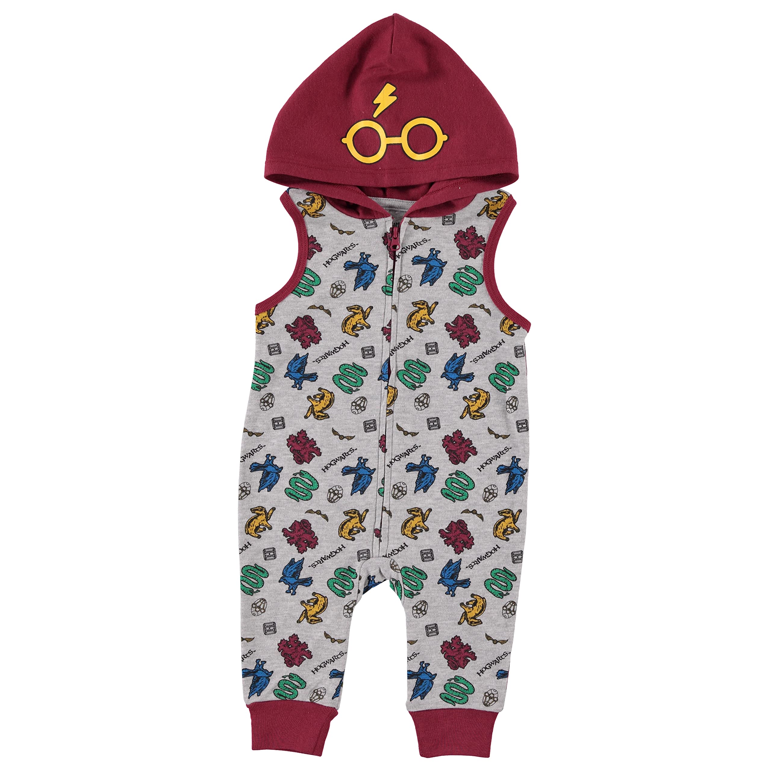 Harry Potter New Born Infant Baby Boys Sleeveless Hooded Romper Bodysuit (Grey/Red/Blue, 0-3 Months)