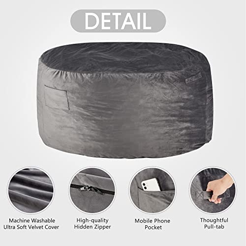 Homguava Bean Bag Chair: 6' Bean Bags with Memory Foam Filled, Large Beanbag Chairs Soft Sofa with Dutch Velet Cover (Grey, 6FT)