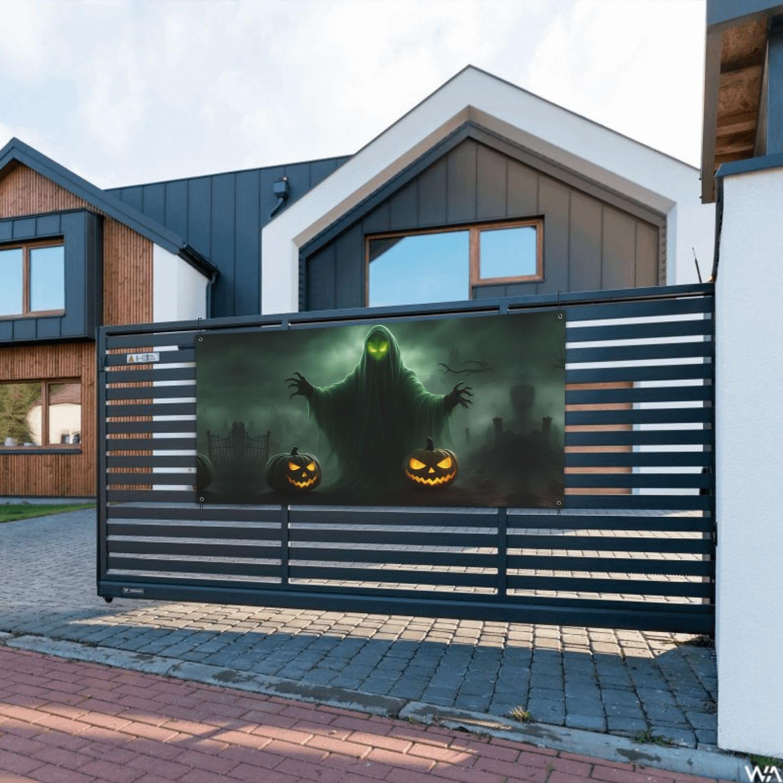 Banners and Signs for Outdoor 35x71 Backdrop for Birthday Party Business Graduation Wedding Event,Green Ghost Horror Halloween Pumpkin