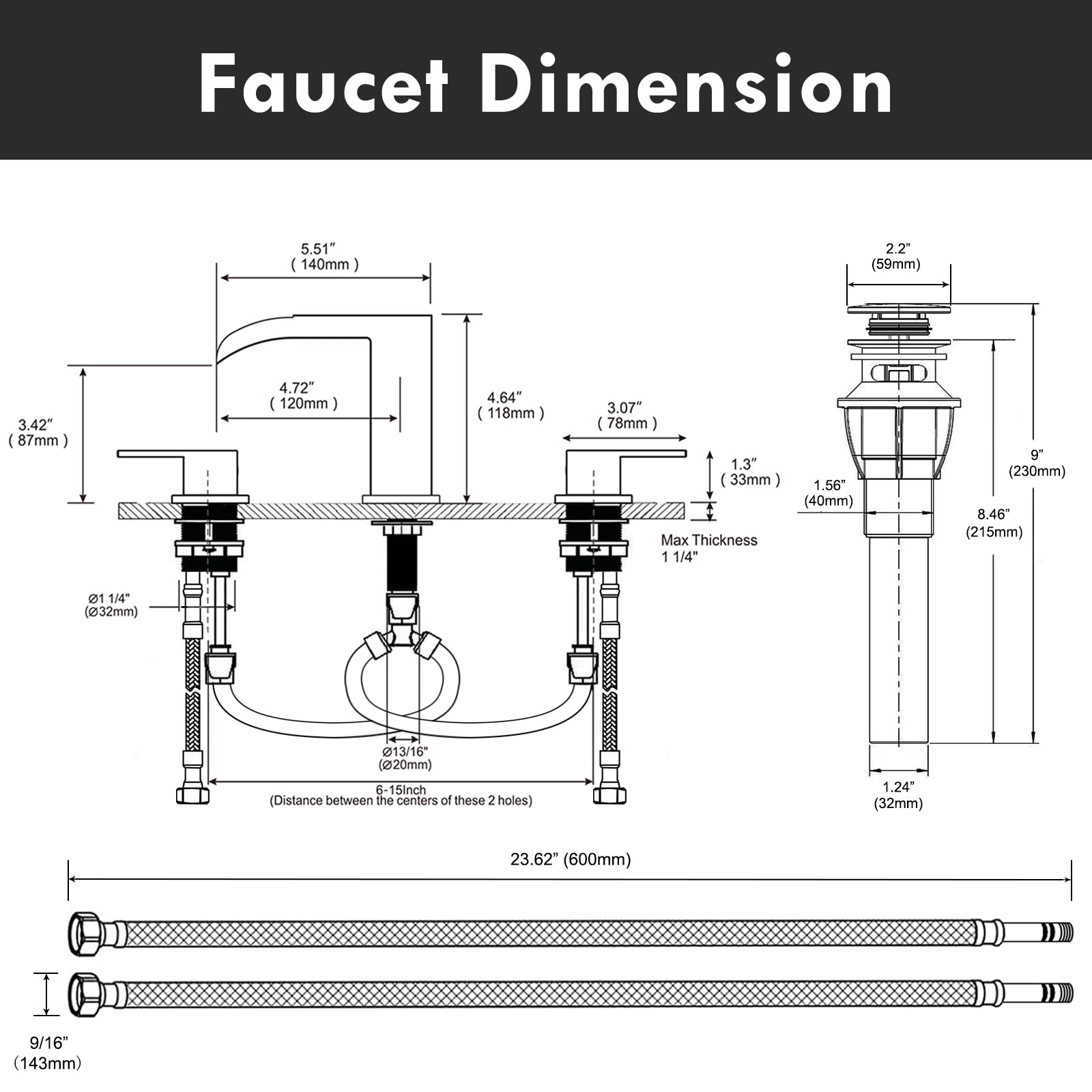 CEINOL Waterfall Bathroom Faucet Matte Black, Bathroom Sink Faucet 3 Hole, Widespread Bathroom Faucet Set with Pop Up Drain and Hose