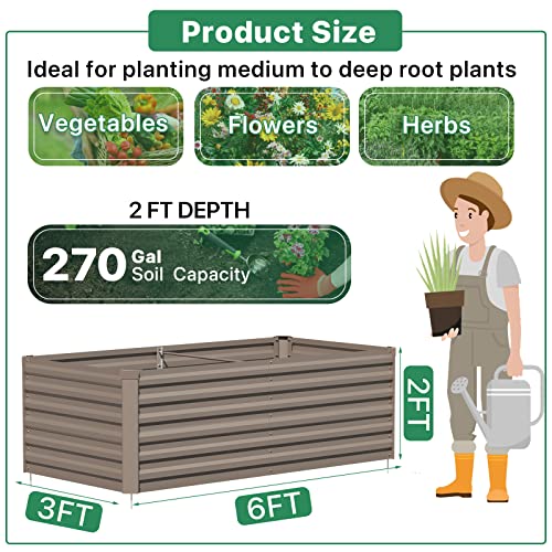 Galvanized Raised Garden Bed Kit For Outdoor , Vegetables , Flowers , Herbs , Steel Large Deep Root Tall Planter Box with 1Pc Gloves and Metal Fix Stake , Brown 6×3×2FT