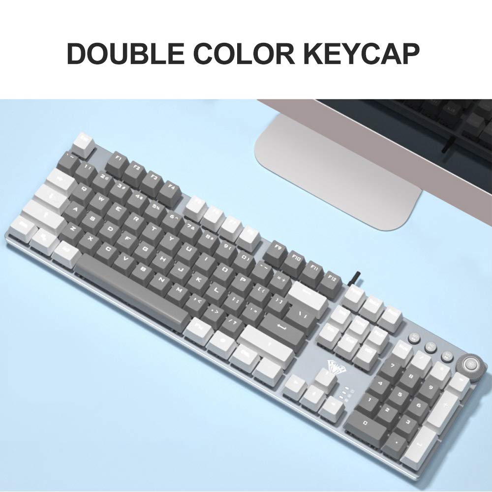 AULA F2088 Grey Mechanical Keyboard Wired with Wrist Rest, Media Knob, PBT Keycaps, White LED Backlit, 104 Keys Programmable Ergonomic Gaming Keyboards for PC MAC Desktop Computer Gamer (Black Switch)