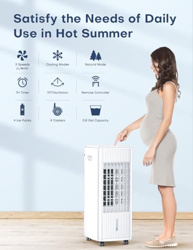 Evaporative Air Cooler, BALKO 3-IN-1 Windowless Swamp Cooler w/ 0.8 Gal Detachable Water Tank, 7H Timer & Remote, 4 Ice Pack, 70° Oscillation, Ductless Air Conditioner Portable for Room Indoor Office