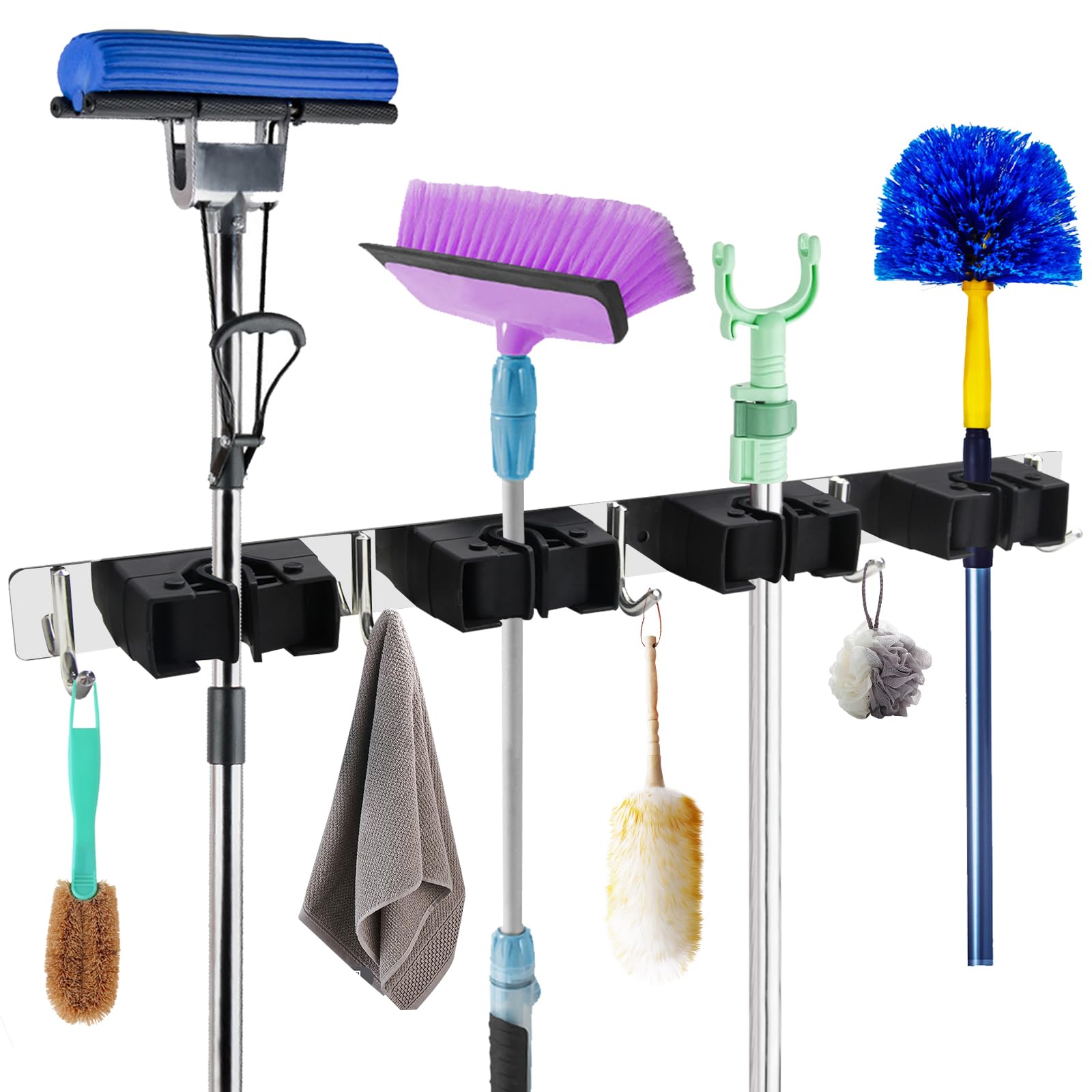Caoliuyiyi Broom Holder Wall Mount, Stainless Steel garage organization, Non-slip broom mop holder wall mounted, Self Adhesive for Laundry Room (4 Racks and 5 Hooks)