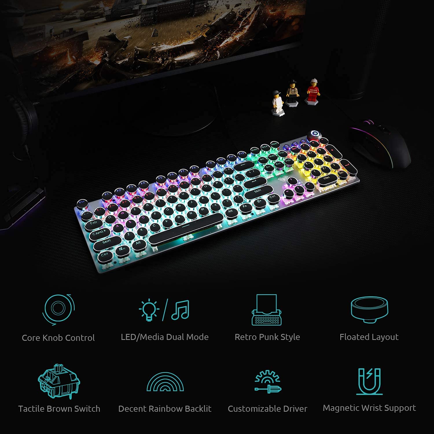 AULA L2058 LED Backlit Mechanical Gaming Keyboard, Retro Steampunk Round Keys, Brown Switches, Magnetic Wrist Rest, Media Control Knob Buttons