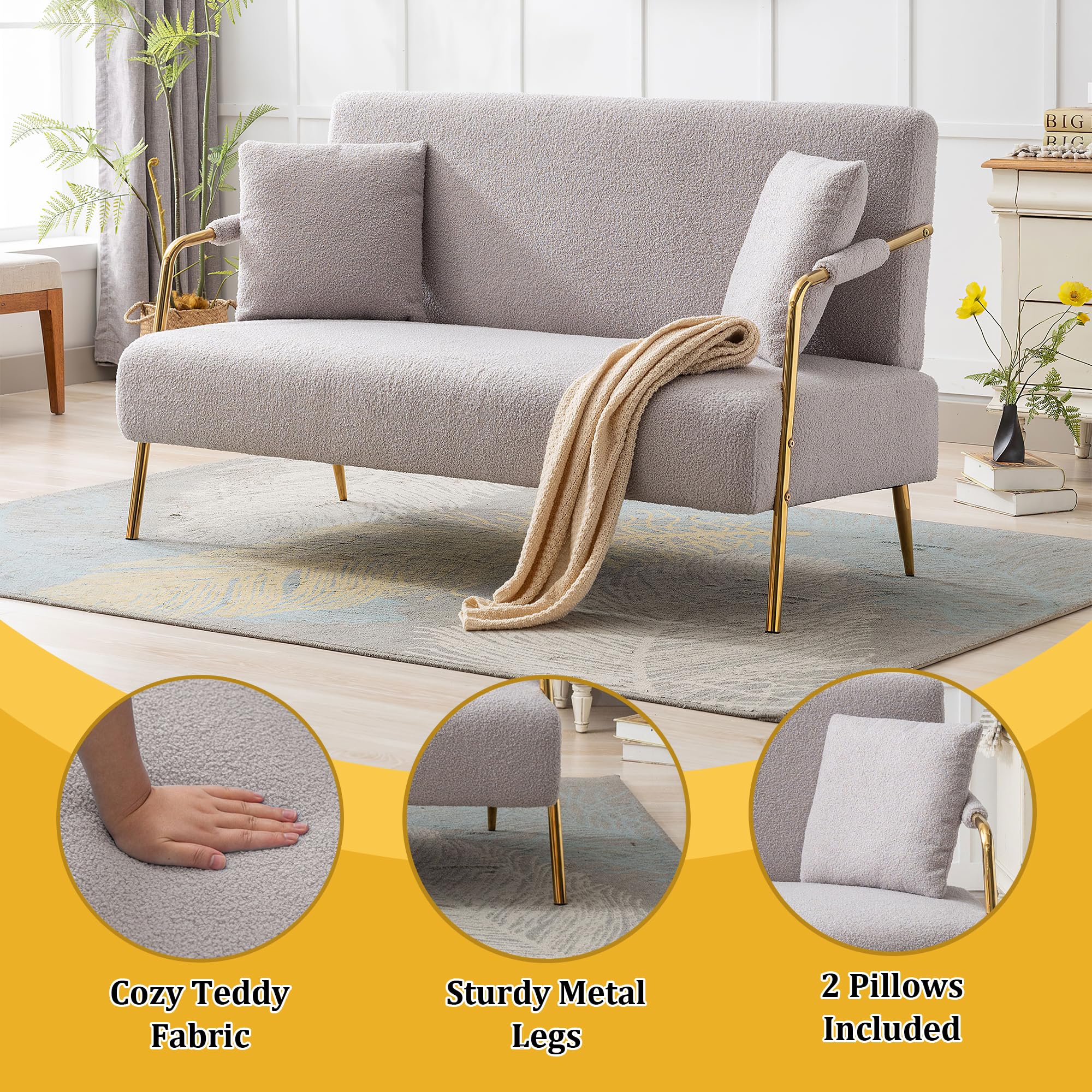 Dolonm 60" Bouclé Loveseat Sofa, 2 Seater Upholstered Sofa Couch with 2 Pillows, Mid Centry Teddy Fabric Sofa with Gold Metal Legs, Sofa for Small Space, Apartment, Office, Bedroom