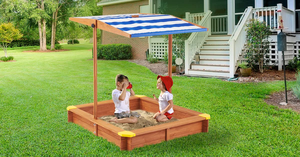 Kids Sandbox with Cover, 46.5" Wooden Sand Box w/Adjustable Canopy, Large Outdoor Cedar Sandpit for Backyard Play
