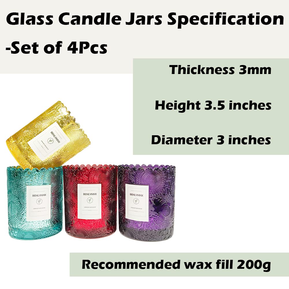 Benlynnx Glass Candle Jars, 7 OZ Clear Luxury Aromatherapy Scented Clear Candle Jars with Wick for Home, Candle Vessels Containers for Making Candles Home Decor and Gift(4 Pack)
