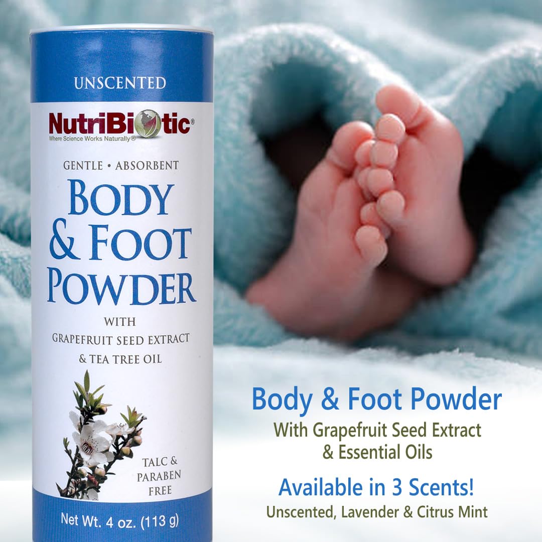 NutriBiotic โ Body & Foot Powder, Unscented, 4 Oz | with Grapefruit Seed Extract & Tea Tree Oil | Vegan & Non-GMO | Talc, Paraben & Gluten Free | Gentle & Absorbent