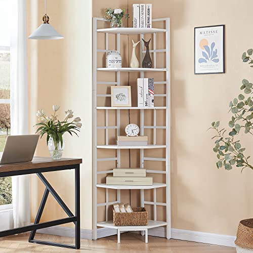 HOMISSUE 6 Tier Industrial Corner Shelf Unit, 76.9β Tall Corner Bookcase Storage Display Organizer Storage Stand for Home Office White
