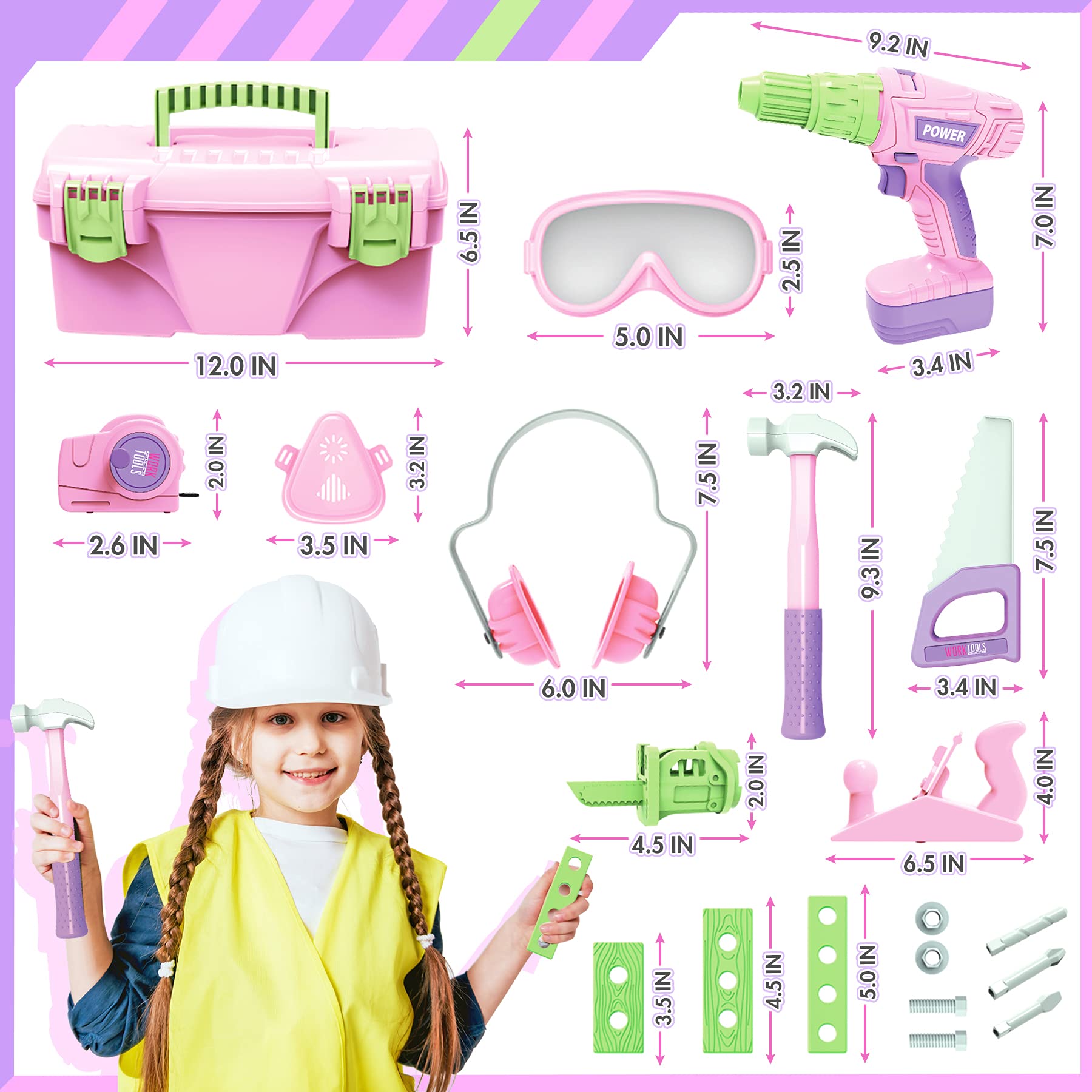 Kids Tool Set, Girls Tool Set Pretend Play Construction Toy Tool with Tool Box, Toddler Tool Set with Electric Toy Drill for Toddler Boy Girl Kid Child Tool Toy Pink Ages 3+