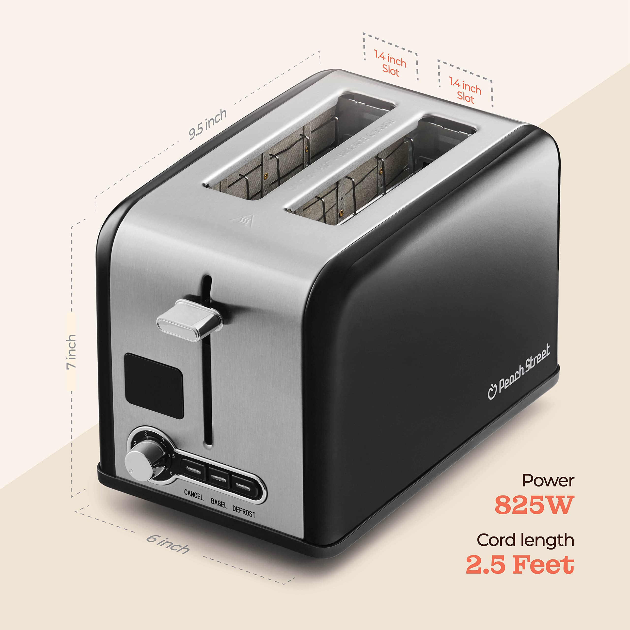 Peach Street 2 Slice Toaster Compact Bread Toaster with Digital Countdown, Wide Slots, Auto-Pop Stainless Steel, 6 Browning Levels, Removable Crumb Tray, with Defrost, Bagel, and Cancel Function