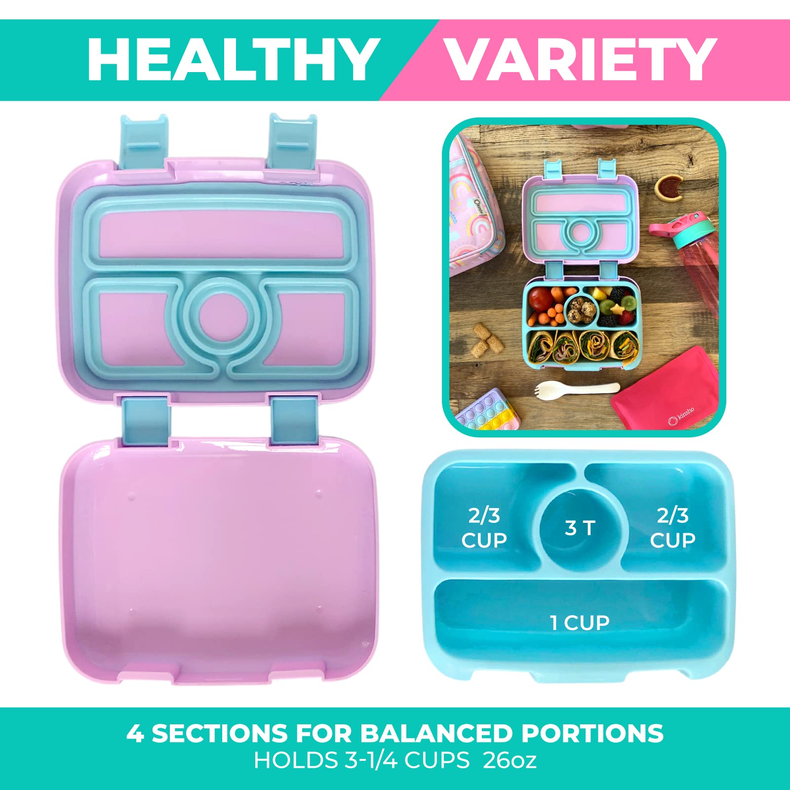 Bento Lunch Box with Thermos for Kids Set, Insulated Lunch Bag with Ice Pack, Stainless Steel Food Jar for Hot Soup, Boxes with 4 Compartments, Purple Rainbow