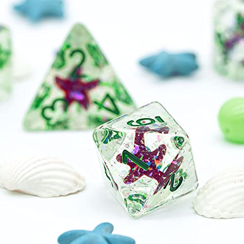 UDIXI 7PCS DND Dice, D&D Dice, Ocean Polyhedral Dice Set Role Playing Dice for Dungeons and Dragons RPG MTG Table Games (Green-Purple Starfish)