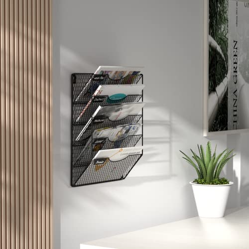 BSJYMJIAJU 5 Slots Arc Wall File Holder Wall Mount Magazine Rack Hanging Mail Organizer Metal Wire Mesh Wall Mount Mail Literature Organizer for Home and Office (Black)