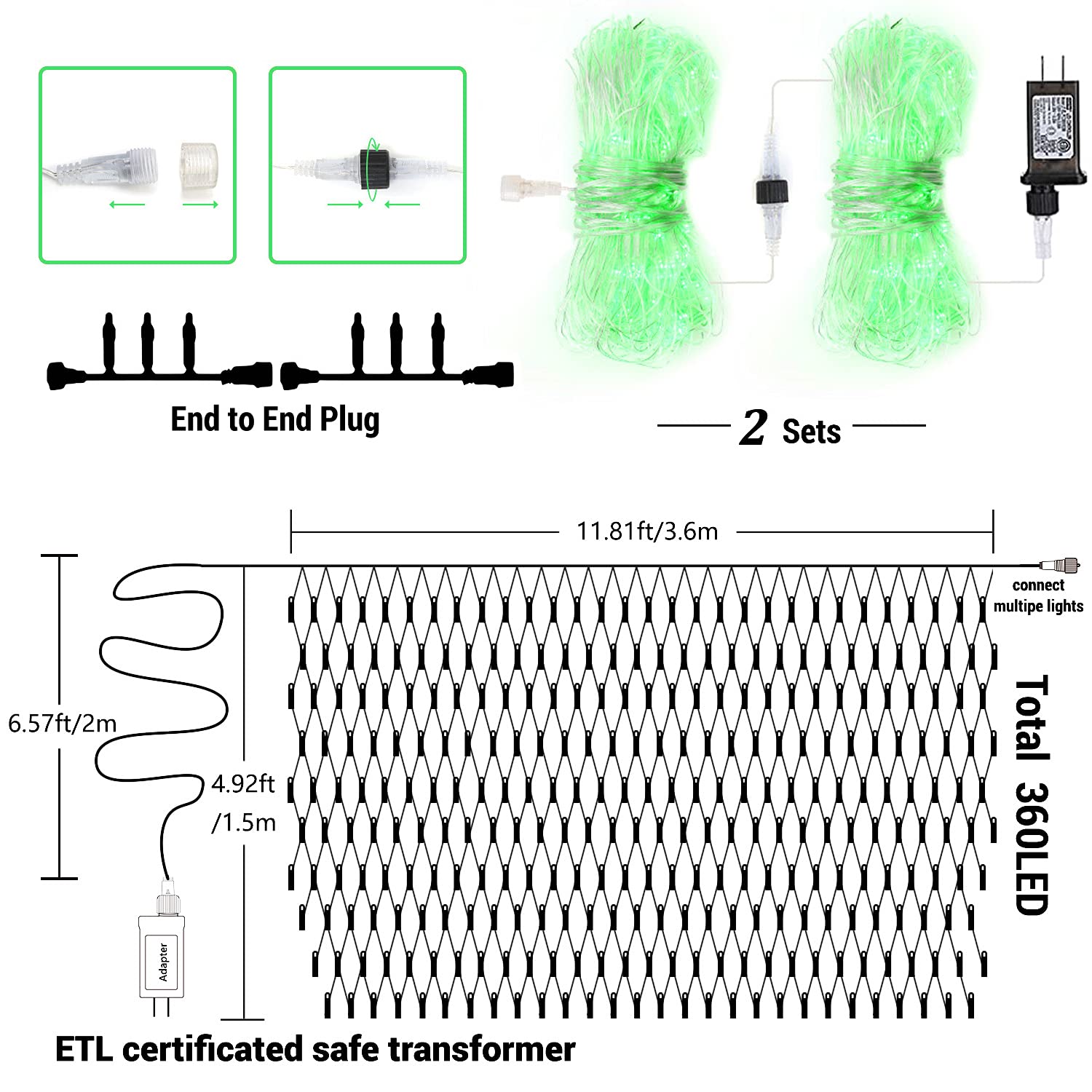 BrizLabs Green Net Lights Outdoor, 11.8ftx 4.9ft 360 LED Christmas Mesh Lights with Remote, 8 Modes Bush Net Sting Lights, Connectable Plugin Halloween Net Lights for Xmas St Patrick’s Day Tree Garden