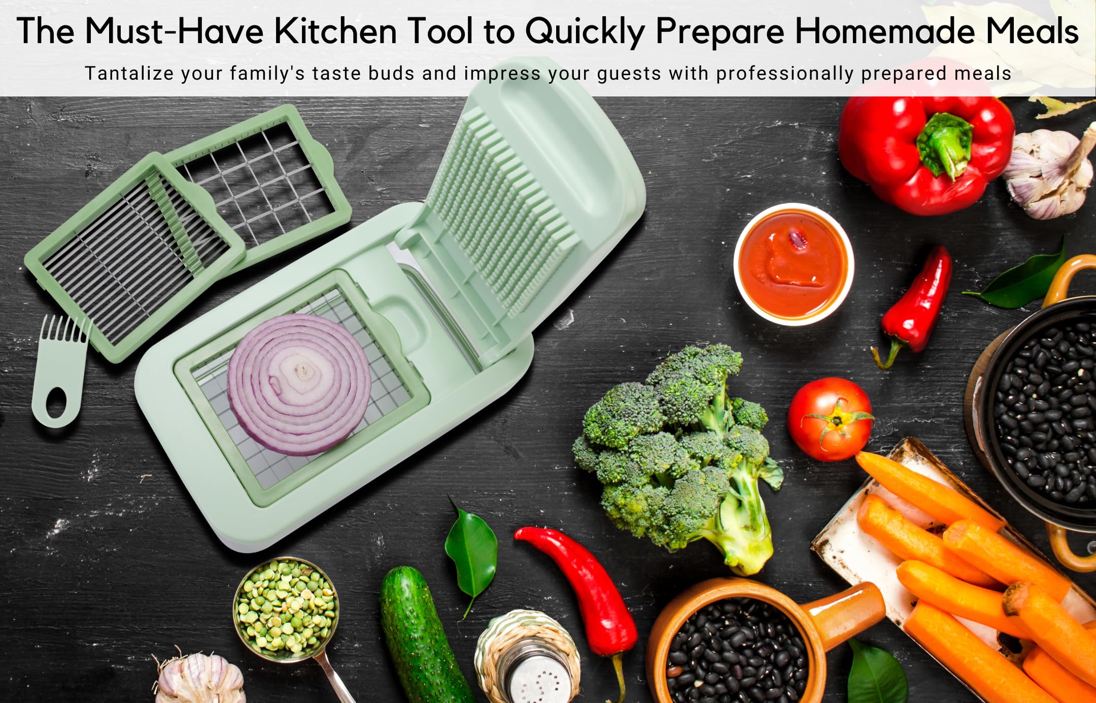 Brieftons QuickPush Food Chopper: Vegetable Chopper Dicer Slicer, Onion Chopper Vegetable Cutter, 3 Extra-Large Blades with 200% More Cutting Area to Chop Dice Slice Vegetables, 2.6-Quart Container