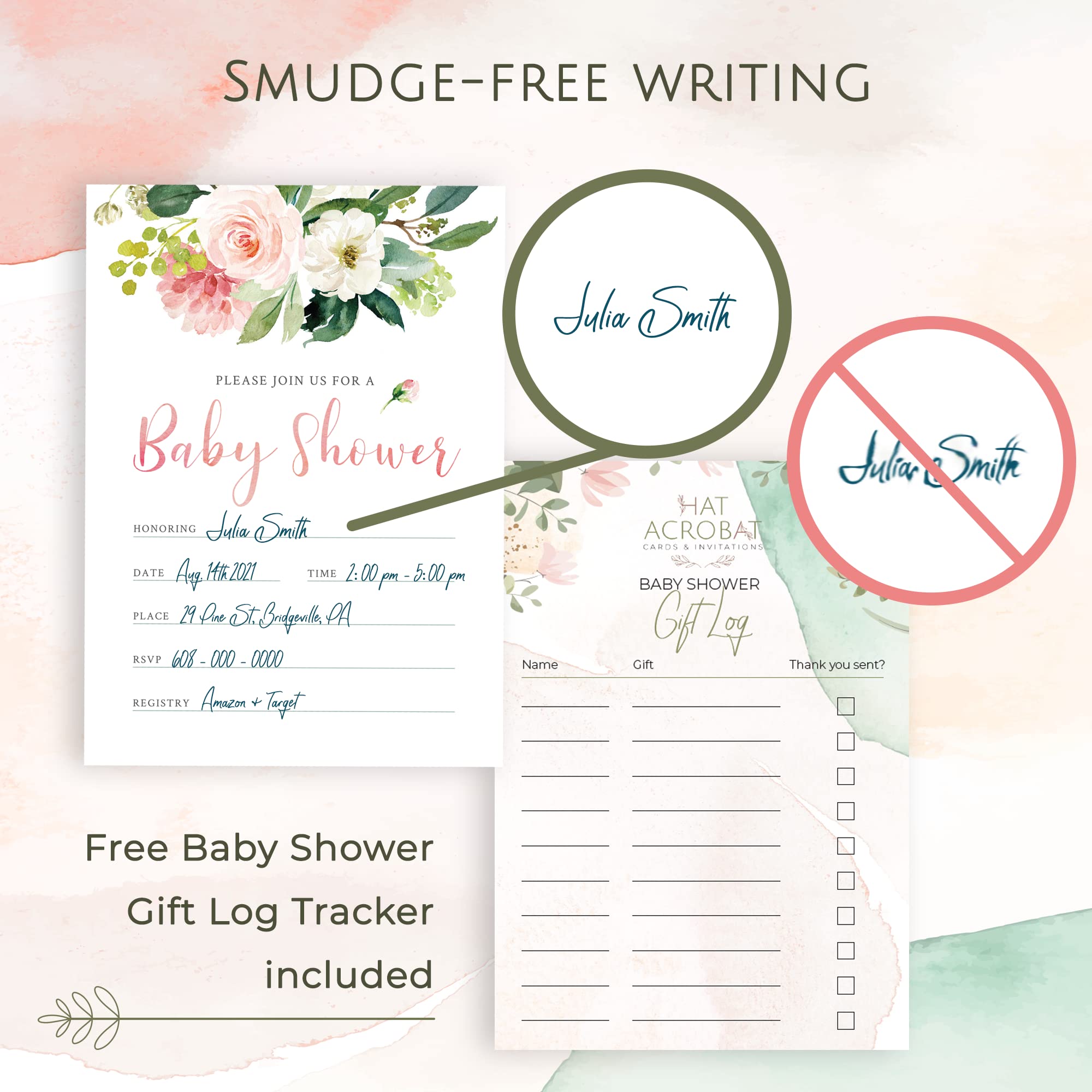Hat Acrobat Boho Baby Shower Invitations (25pcs) - Pink Floral It's a Girl, Including Envelopes, Diaper Raffle Tickets, Book Request Cards, Thank You Cards