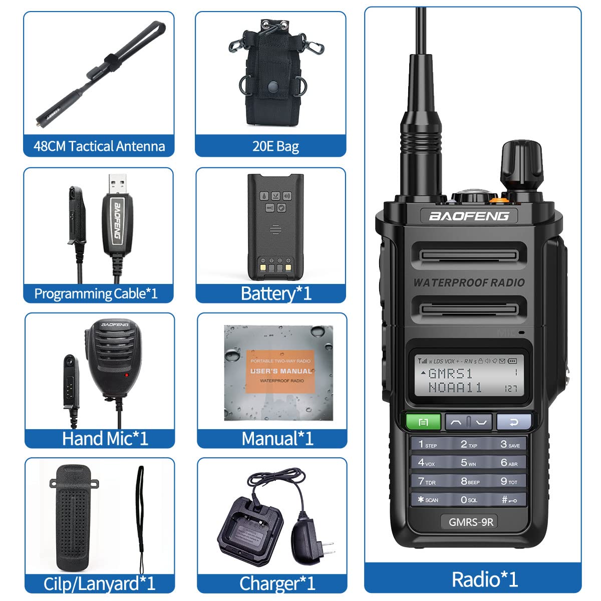 Baofeng GMRS-9R GMRS Radio Waterproof IP67 Two Way Radios Rechargeable Walkie Talkies Long Range NOAA Weather Alerts Scan With extra Battery,Programming Cable,Tactical Antenna,Speaker Mic,Tactical Bag