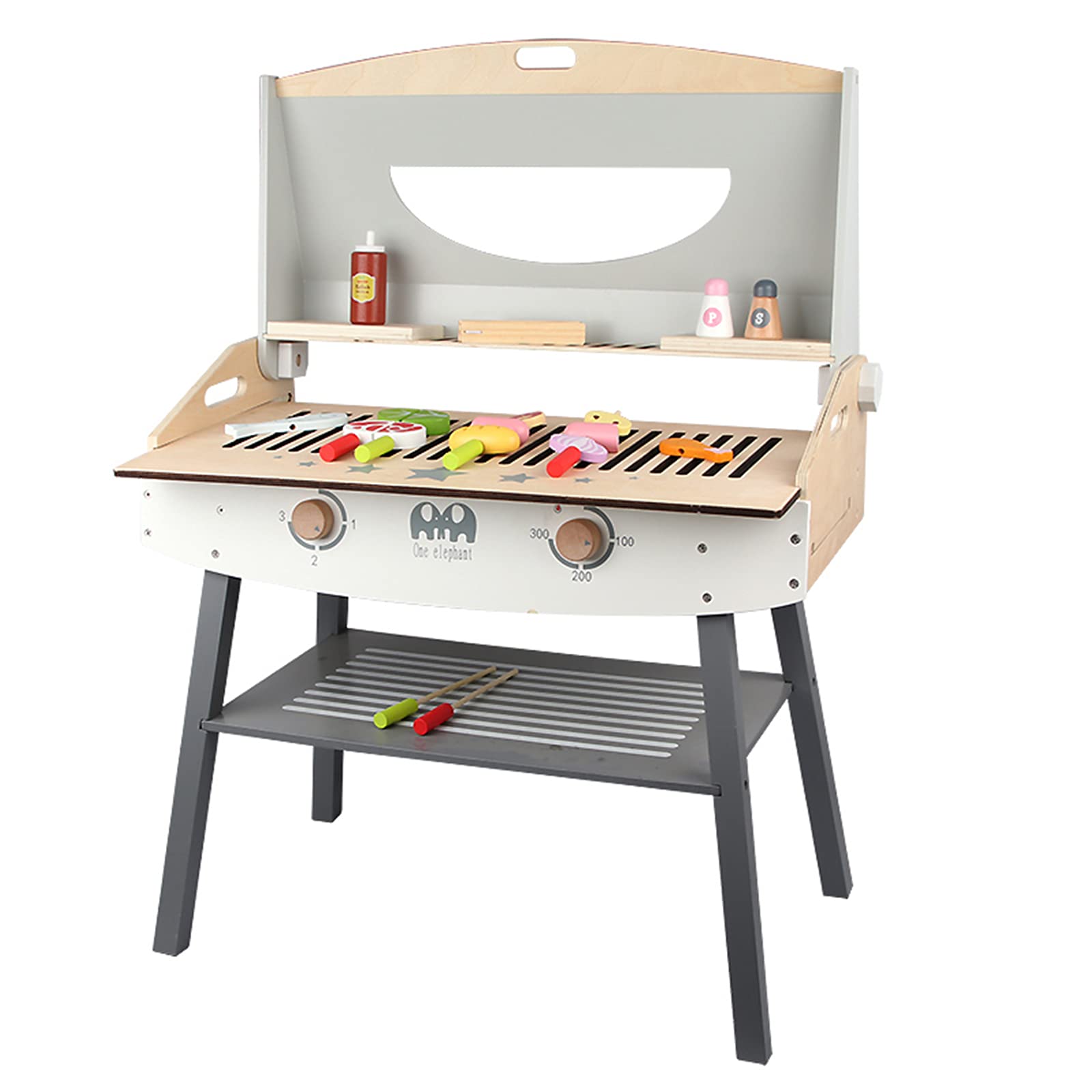 KIDS TOYLAND Wooden Pretend Barbecue Grill Play Set, Play Kitchen Set Cooking Gift for Girls and Boys - Best for 3 4 5 Year Old Kids
