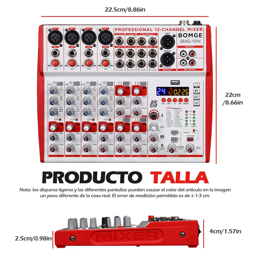 BOMGE 10-Input sound board Mixer with Mic Preamps and Compressors, 24DSP, bluetooth,48V Power,British EQ and USB/Audio Interface fro recording, karaoke and podcast. (10M-10 Channel)
