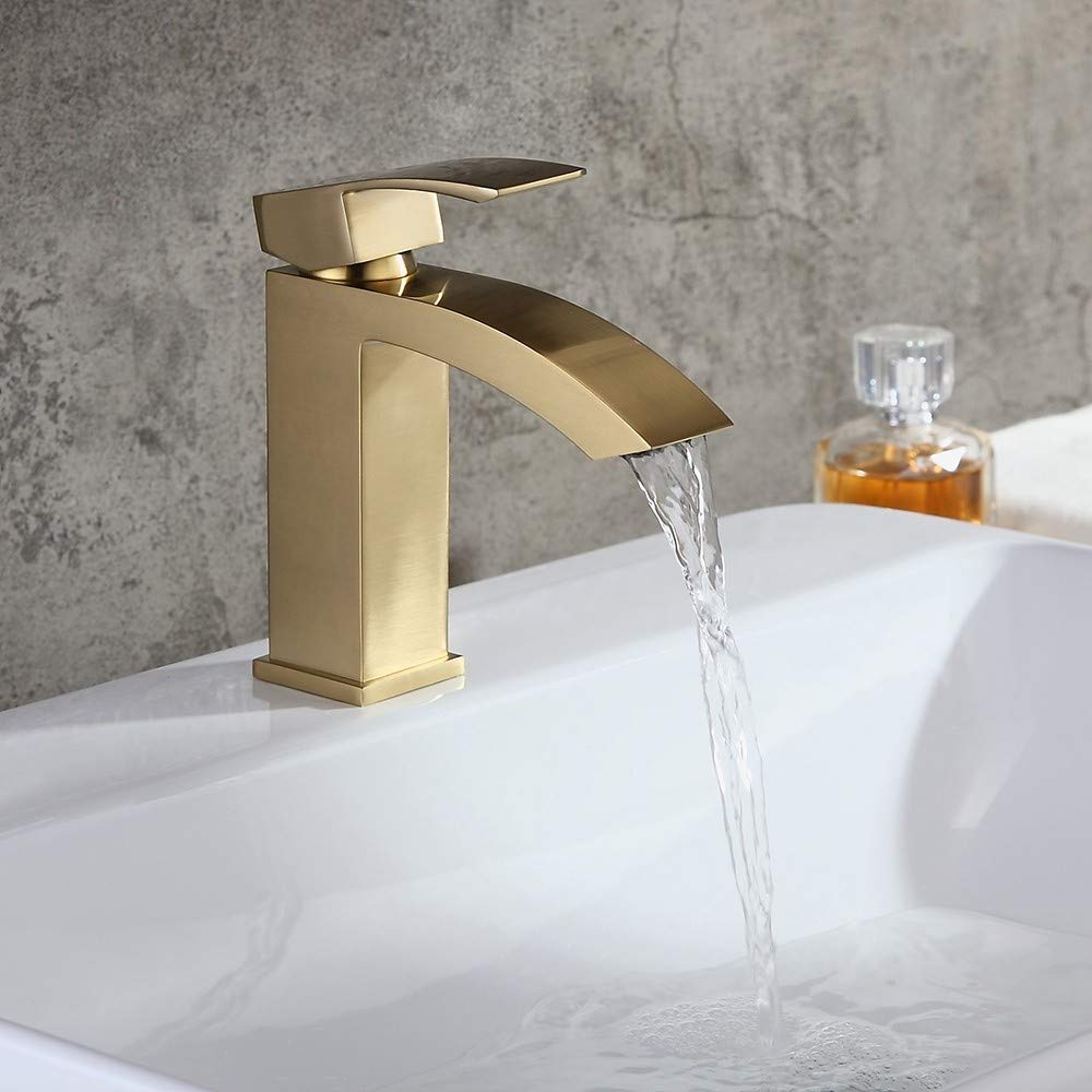 BULUXE Bathroom Sink Faucet in Brushed Gold, Contemporary Style Single Hole Single Handle Deck Mounted Gold Bathroom Faucet Solid Brass Bathroom Basin Mixer Tap cUPC Certified
