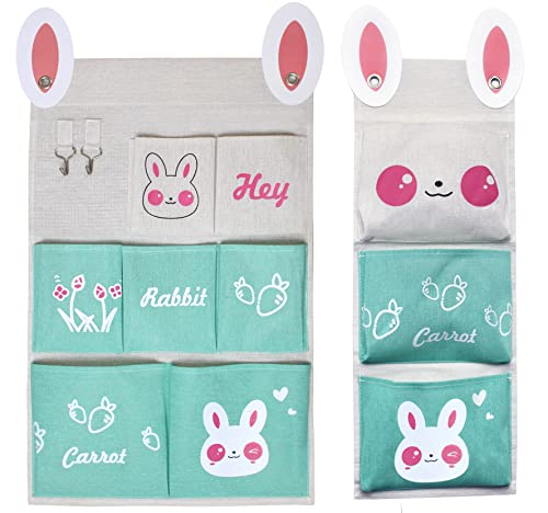 KINGREE 2PCS Wall Closet Hanging Storage Bag with Hooks Premium Linen Fabric Over The Door Organizer, Hanging Storage Pouches with 3 Pockets and 7 Pockets for Bedroom Bathroom (Rabbit)