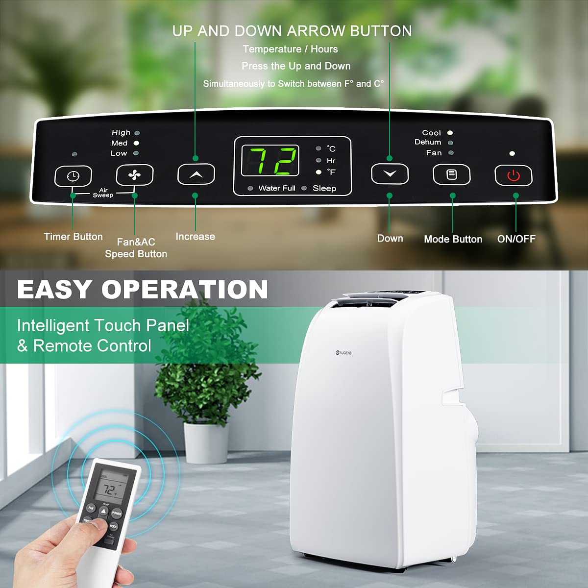 AUGIENB 14,000 BTU Portable Air Conditioners with Built-in Dehumidifier Function, Fan Mode, Quiet AC Unit, Rooms Dehumidifying Capacity 36L/day, LED Display,Complete Window Mount Exhaust Kit