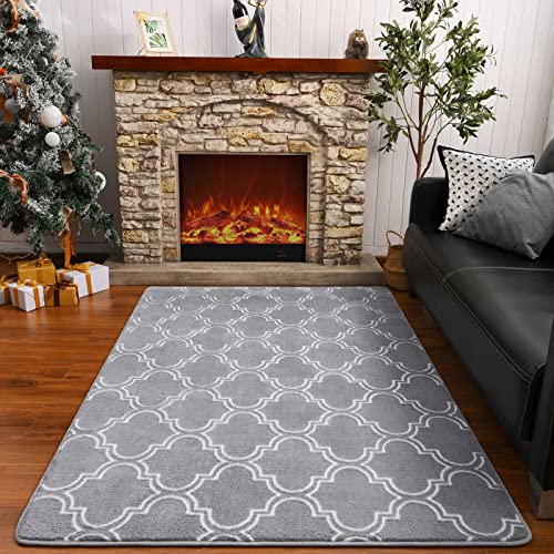 HOMORE Geometric Shag Rug for Bedroom, 5'x7' Light Gray Shaggy Rugs for Living Room, Soft Moroccan Area Rug for Kids Nursery Dorm, Memory Foam Bedside Indoor Floor Carpet for Home Decor