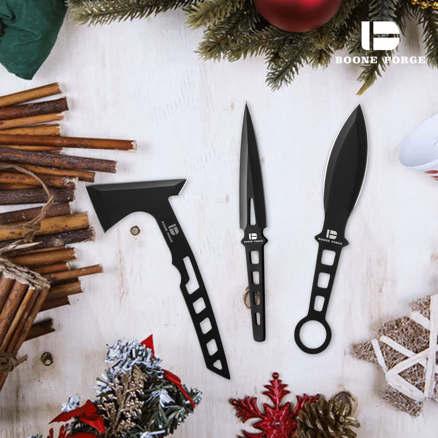 BOONE FORGE Throwing Knives Set with 3 Knives Black Double-Edged Blades and Stainless Steel Handles Outdoor Survival Throwing Knives with Nylon Sheath