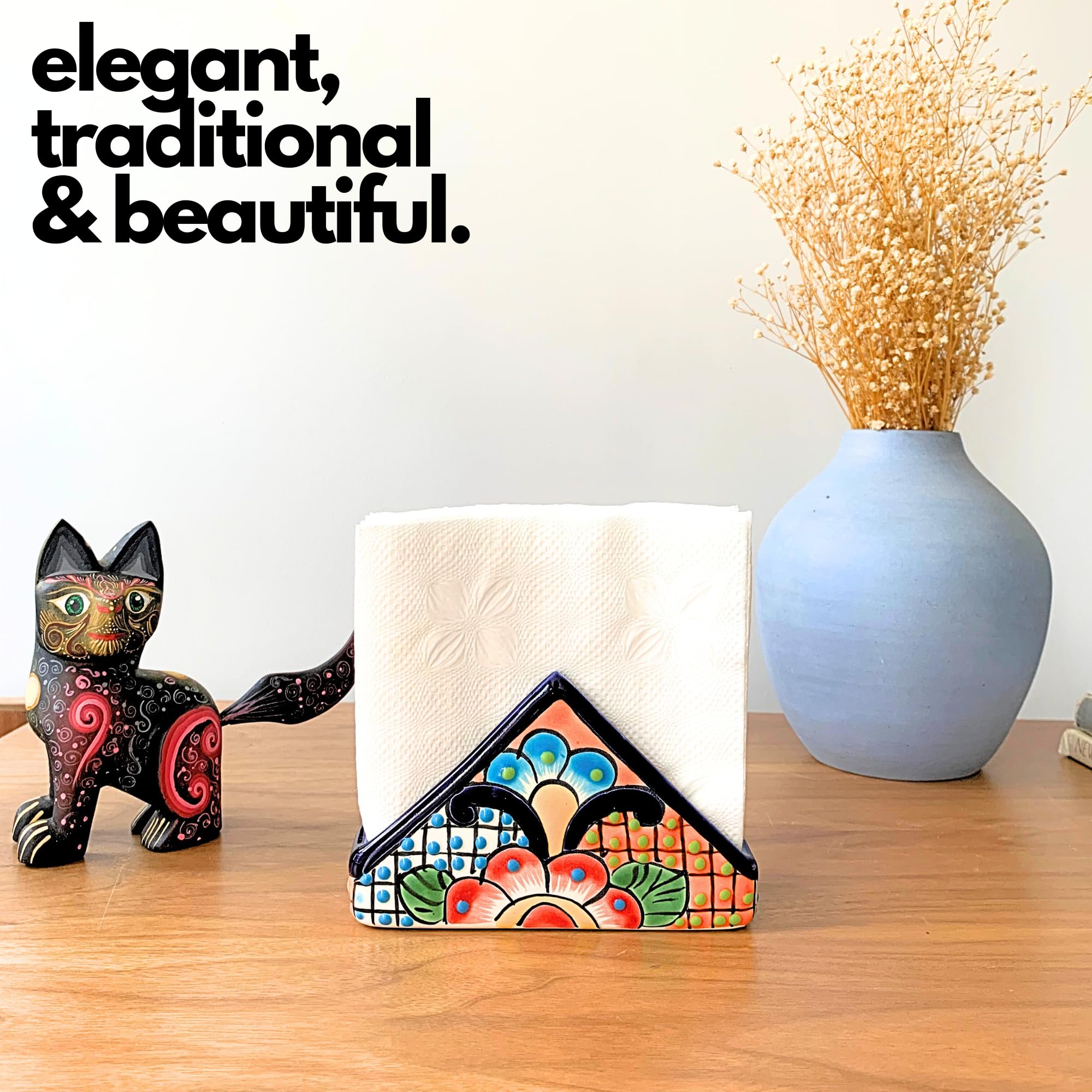 Ceramic Cocktail Napkin Holder - Authentic Mexican Pottery - for Kitchen Countertop | Dinner Table | Indoor & Outdoor Use Tissue and Letter Holder - Mexican Style Talavera Servilletero (Multicolor)