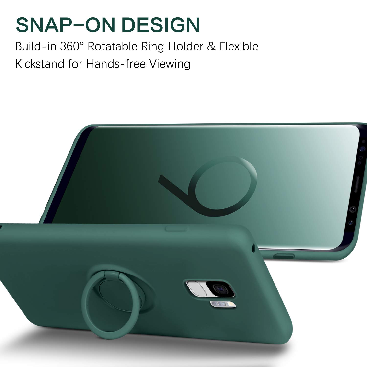BENTOBEN Samsung Galaxy S9 Case, Slim Silicone | 360° Ring Holder Kickstand | Support Car Mount | Soft Rubber Shockproof Bumper Protective Non-Slip Case for Samsung Galaxy S9 5.8" (2018), Dark Green