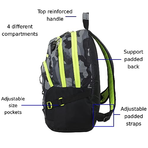 FUEL Dynamo Active Backpack, Fits Most Laptops up to 15", Front Access Pockets, Padded Lumbar, Comfortable, Adjustable Straps - Black/Gray Camo