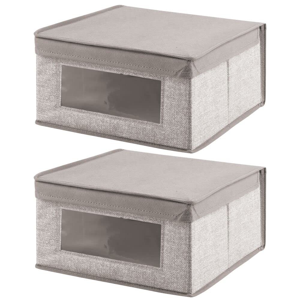 mDesign Medium Fabric Stackable Closet Storage Organizer Box with Front Window/Lid for Bedroom, Office, Mudroom Organization, Hold Clothes, Blankets, Linens, Lido Collection, 2 Pack, Linen/Tan