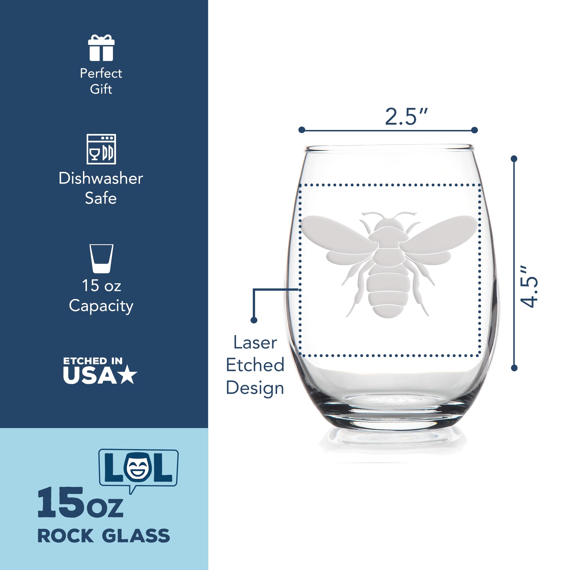 Bumble Bee Florist Bee Keeper Stemless Wine Glass - Bee Gift, Bumble Bee Glass, Bee Keeper