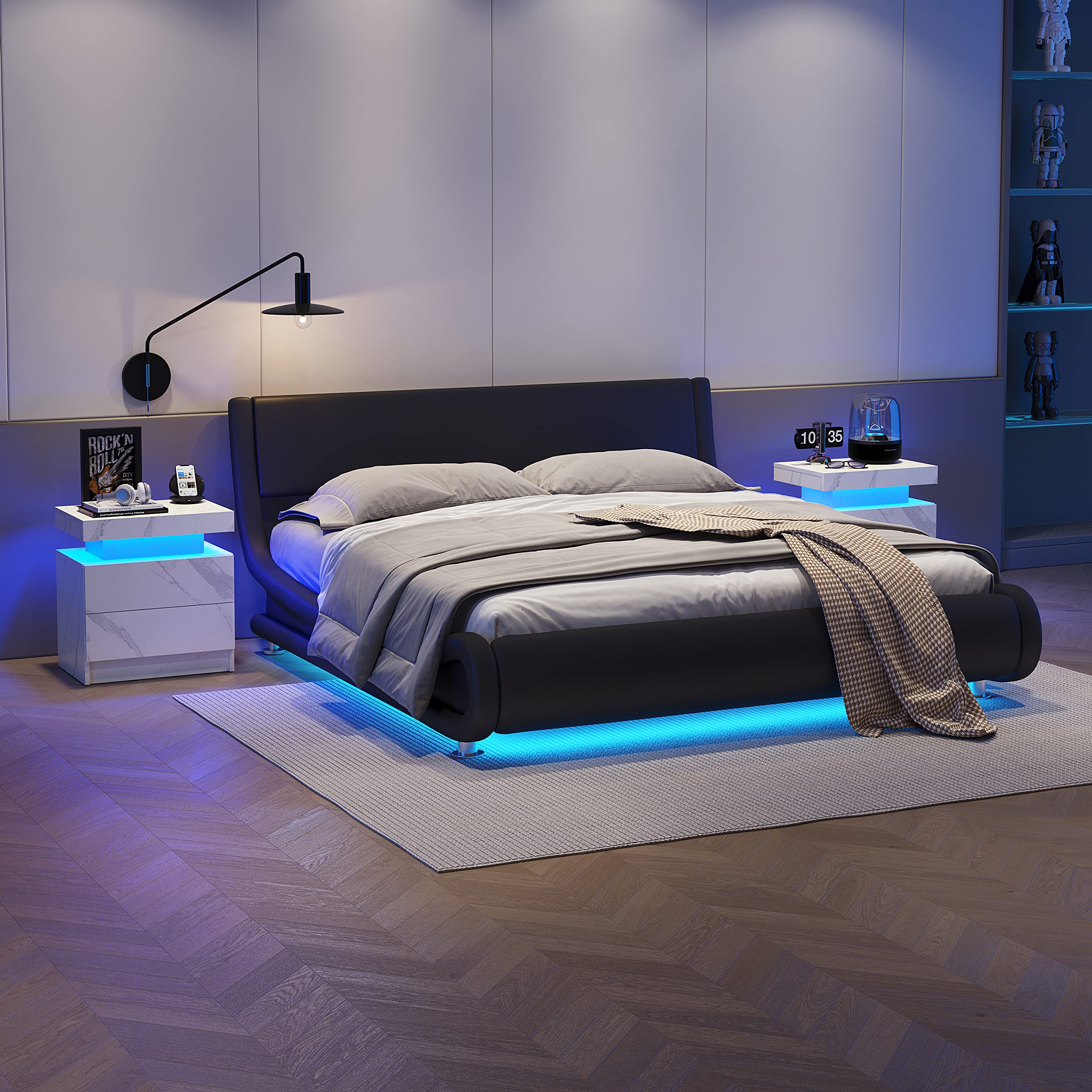 DobleCliCli LED Nightstands, Modern End Side Table with 2 Drawers, LED Bedroom Furniture for Bedroom and Living Room, White Marble Pattern